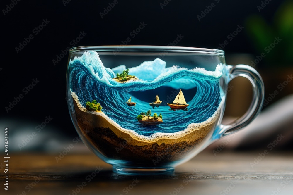 A glass teacup filled with ocean waves, with small boats and islands ...