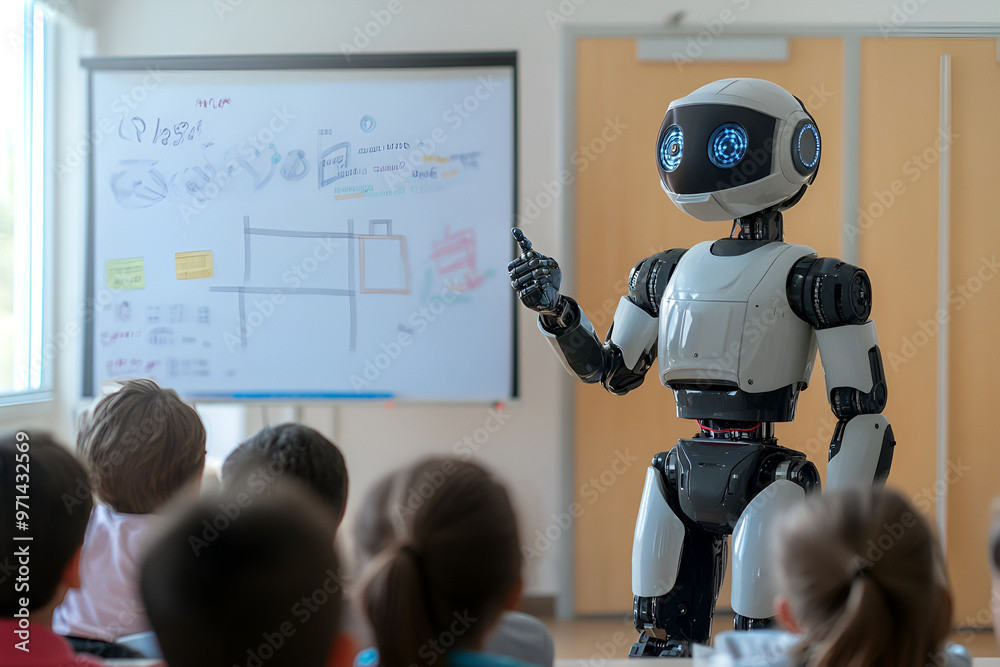 Humanoid robot teaching a class of young students, representing the use ...