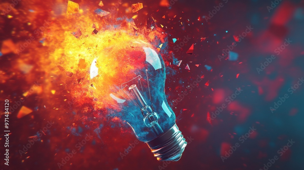 A dramatic depiction of a light bulb shattering with an intense ...