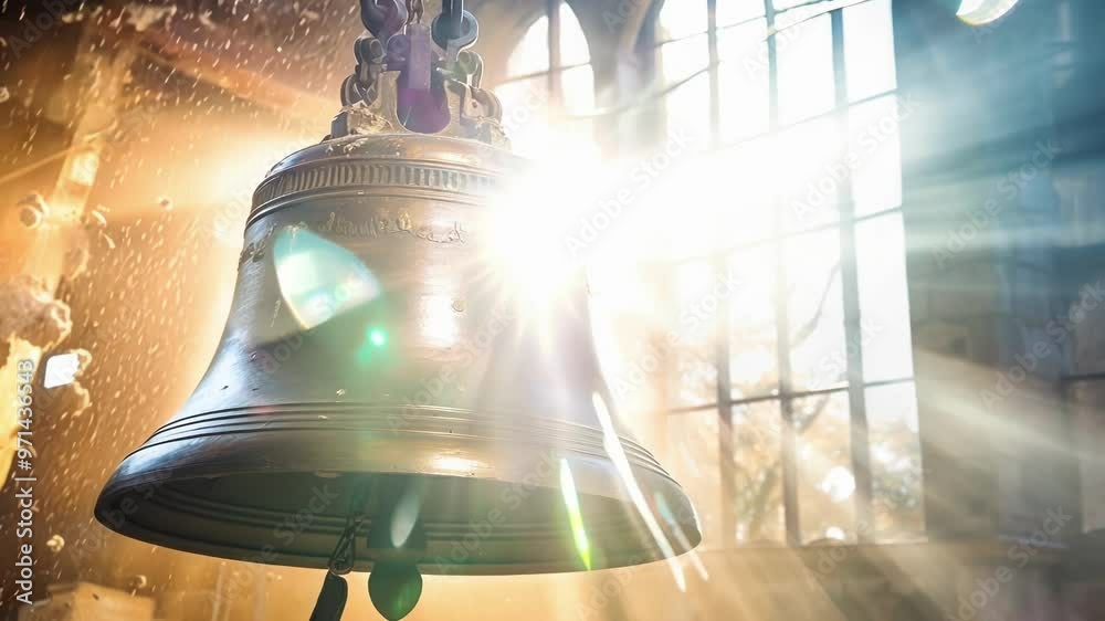 Large bronze bell is hanging inside a church tower and ringing, bathing ...