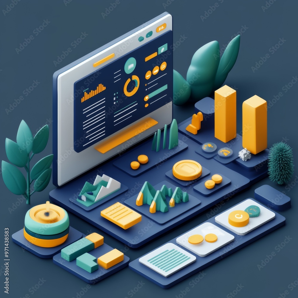 3D Isometric Business Data Analytics Dashboard with Charts and Graphs ...