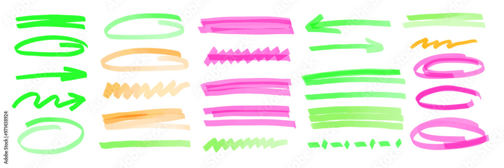 Green pink highlighter line set, vector marker divider underline ...