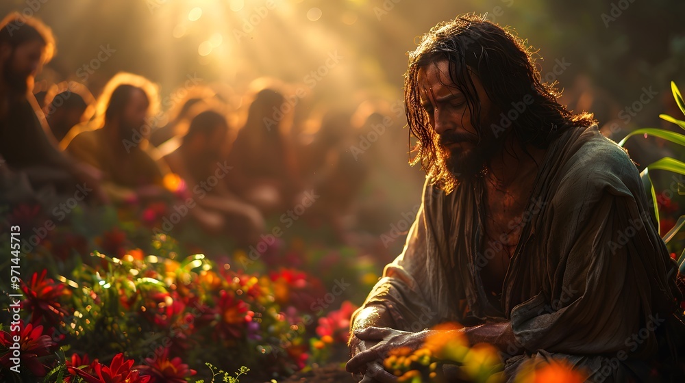 Jesus kneeling in deep sorrow, his hands clutching the ground, the ...