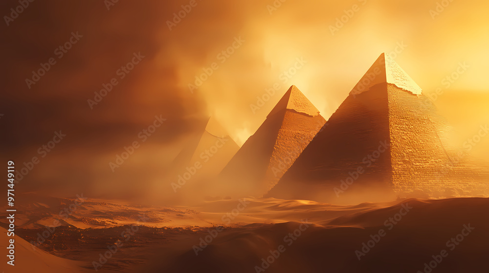 Render of egyptian pyramids in desert sands with a mystical atmosphere ...