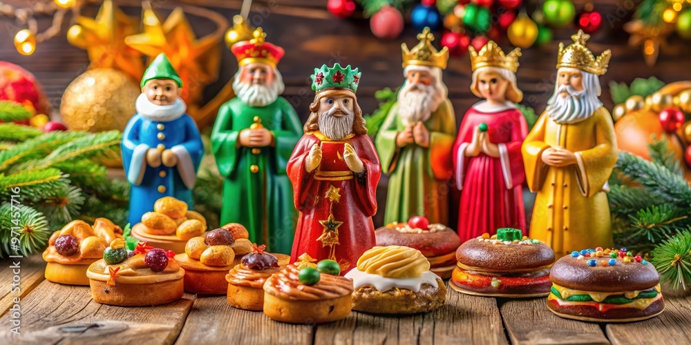 Brightly colored figurines of the Magi adorn the table, alongside sweet ...