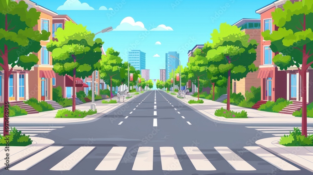 Street of town vector, city with path and roads, pedestrian crossings ...