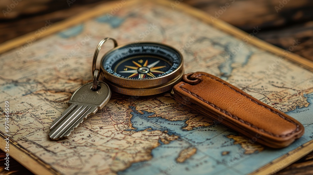 Close-up shot of keys, car key fob, and compass placed on top of a map ...