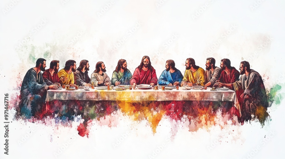 The Last Supper with Jesus and the twelve apostles at a table ...