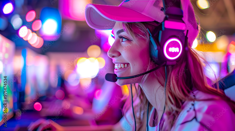 Gamer Girl in the Neon Glow: A young woman with a vibrant pink gaming ...