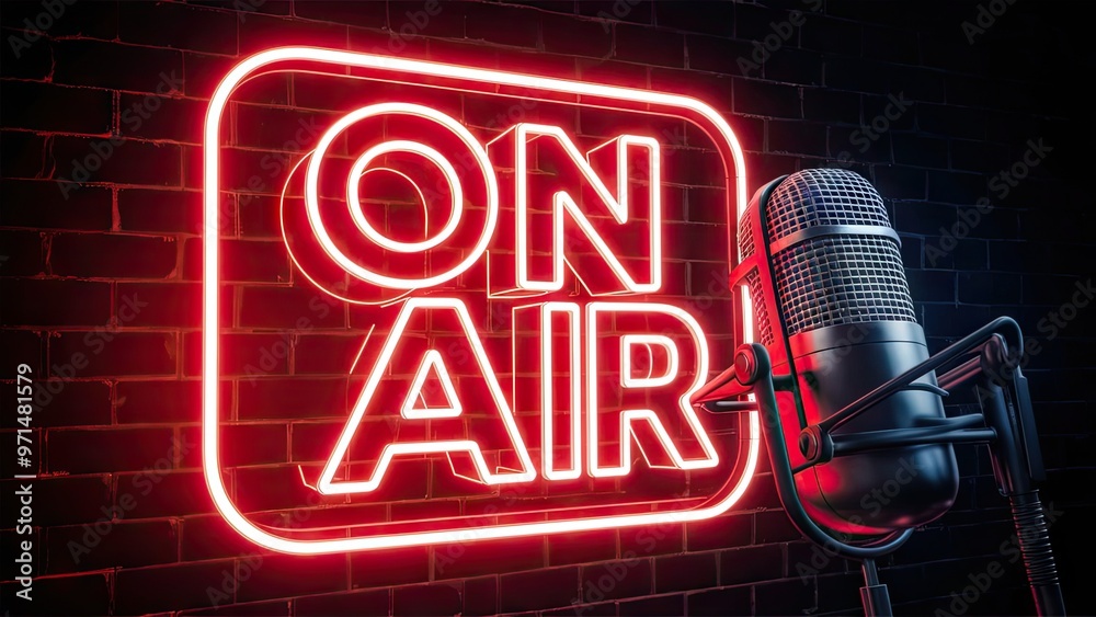 Red Neon "On Air" text and podcast microphone against a brick wall ...