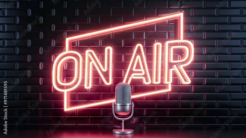 Red Neon "On Air" sign and podcast microphone in front of black brick ...