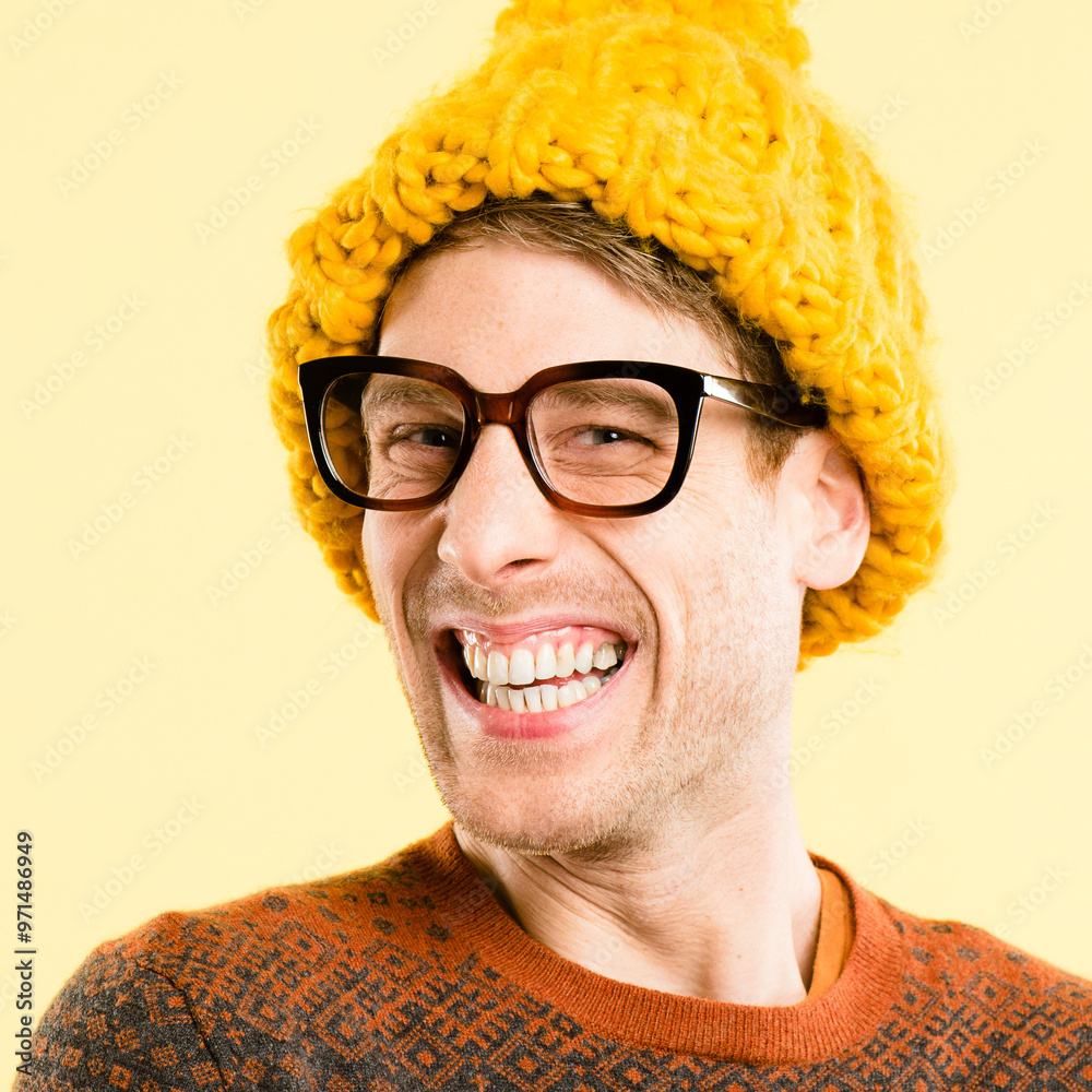 Man, glasses and beanie for fashion in studio portrait with smile ...