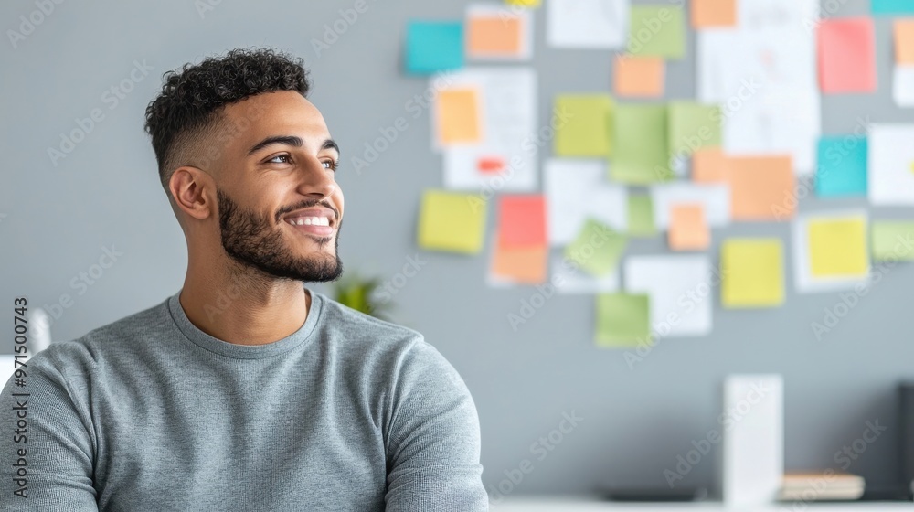 A businessman sits at his desk, looking at a vision board filled with ...