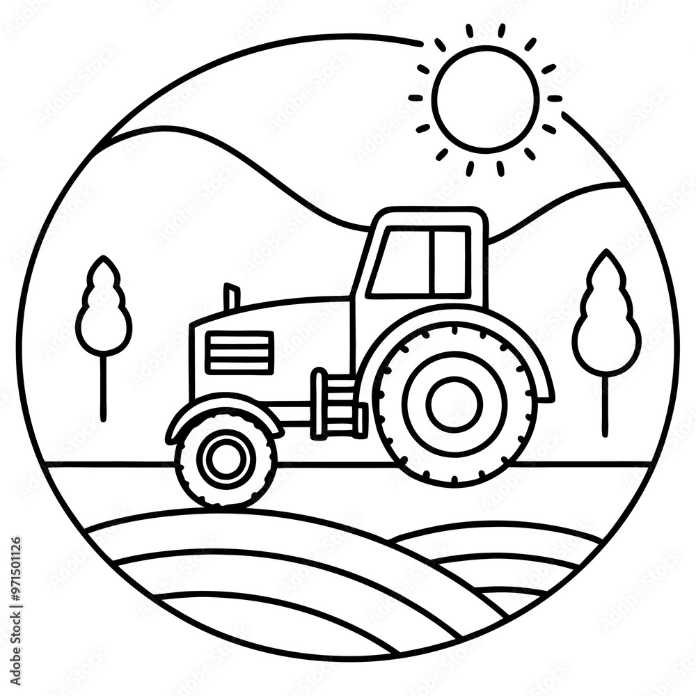 tractor on farming outline coloring book page line art drawing Stock ...
