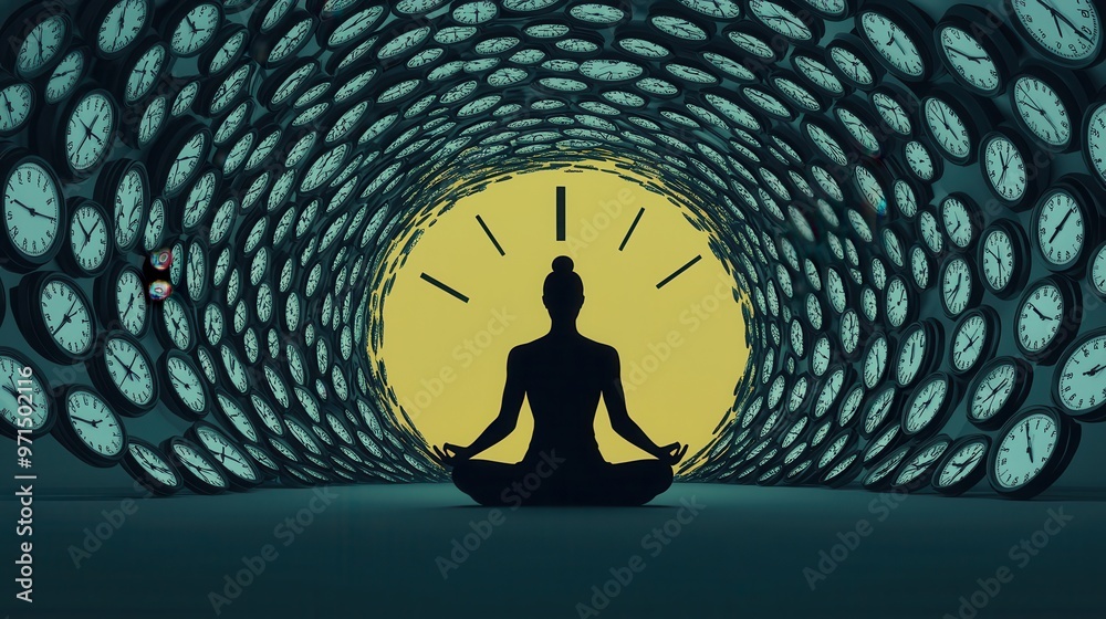 A circular flow of clocks orbiting a central figure meditating ...