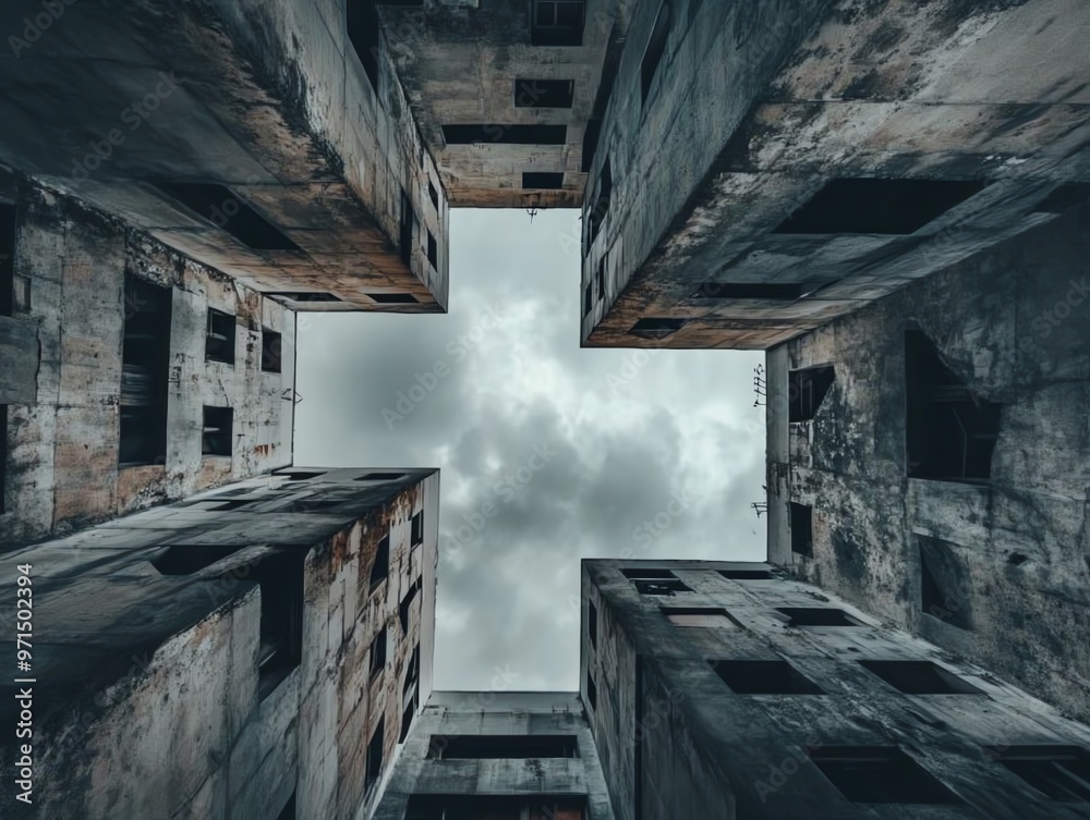 Dramatic view of dark, towering building walls forming a square opening ...