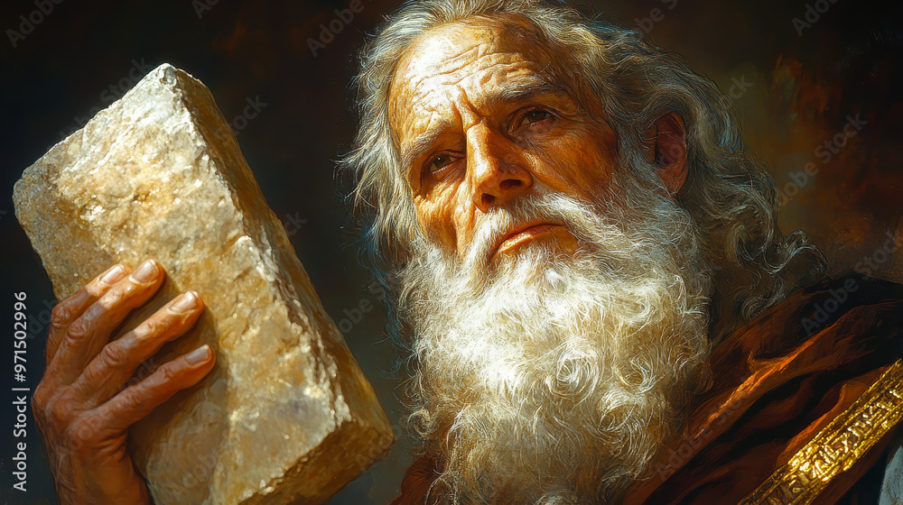 Moses Holding Stone Tablets, Biblical Scene, Symbol of Ten Commandments ...