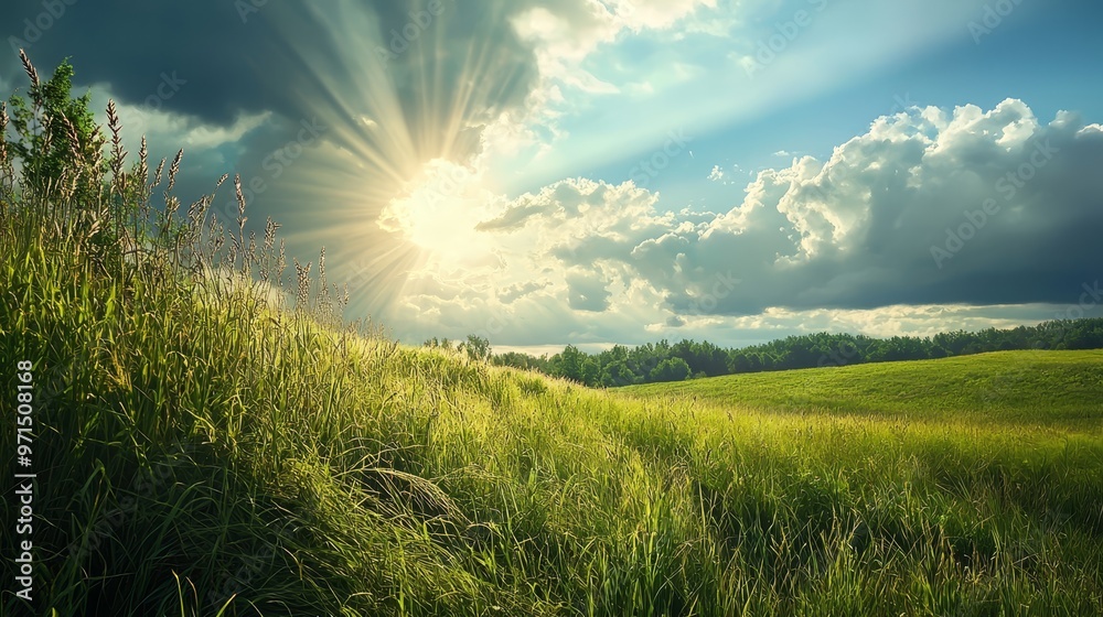 The sun shines brightly through clouds, illuminating a grassy field ...