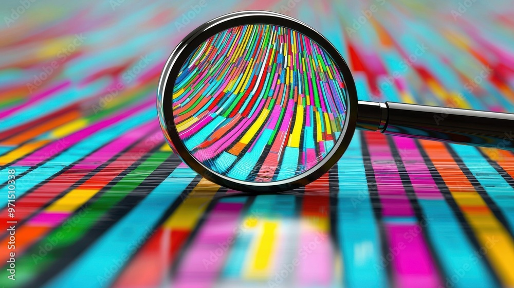 A giant magnifying glass hovering over a complex, multicolored grid of ...