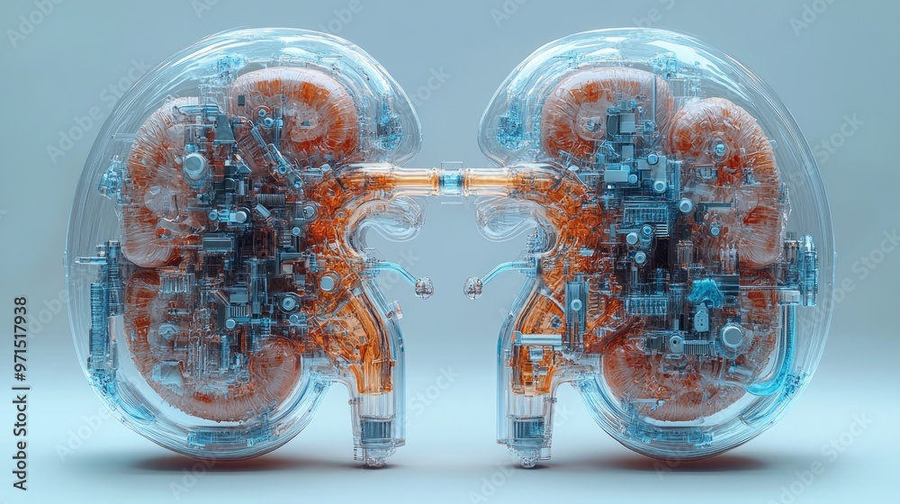 Realistic representation of colorful human kidneys left and right. Each ...