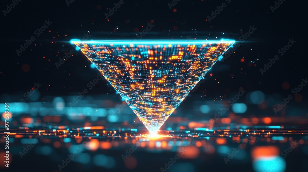 A large funnel that narrows down into a glowing pinpoint, with data ...