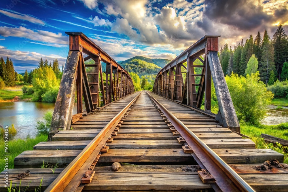Rustic wooden railroad bridges span serene rural landscapes, their ...