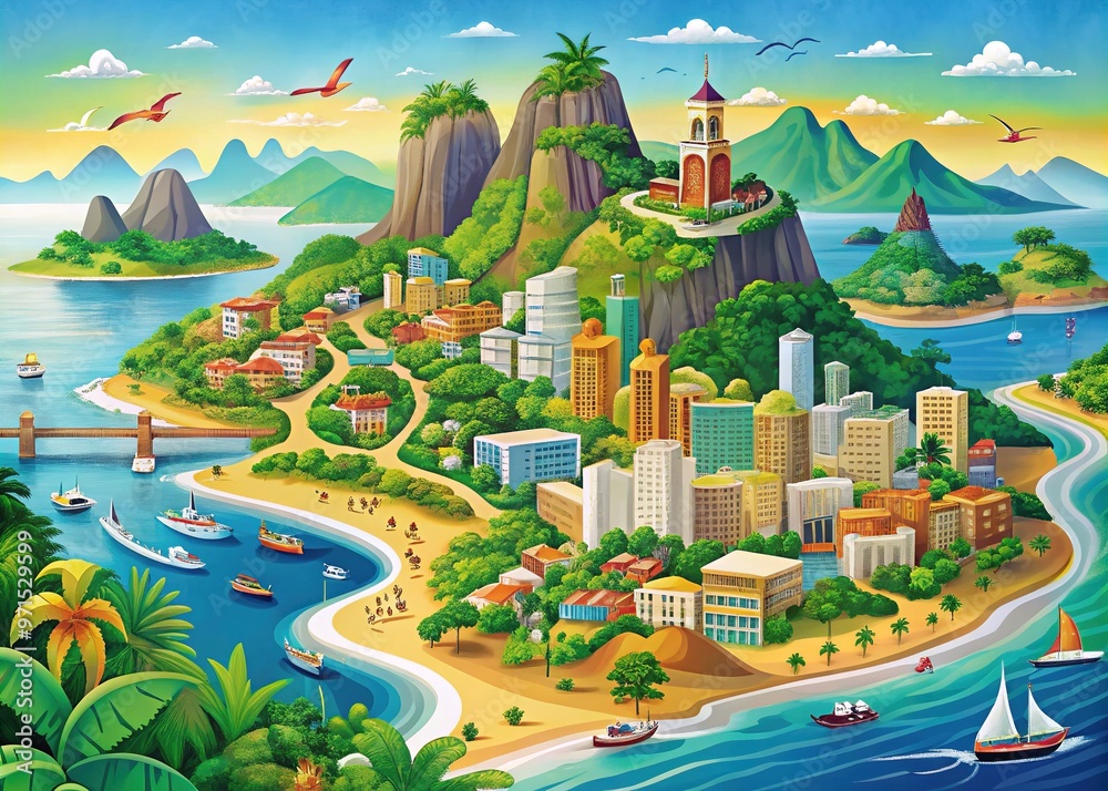 Vibrant colorful map of Rio de Janeiro, Brazil, showcasing iconic ...
