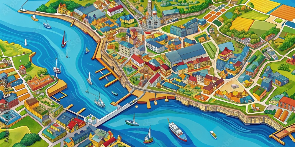 Vibrant, detailed map of Lerwick, Scotland's capital of the Shetland ...
