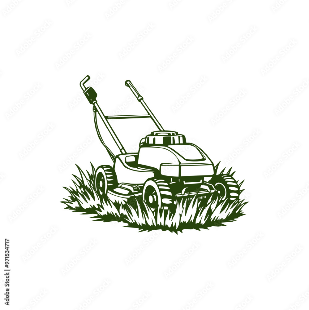 Lawn mower logo on white background. Logo featuring a man mowing the ...