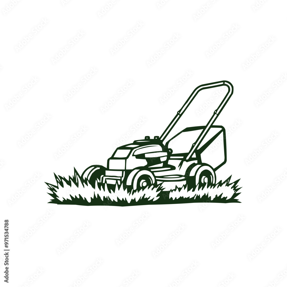 Lawn mower logo on white background. Logo featuring a man mowing the ...