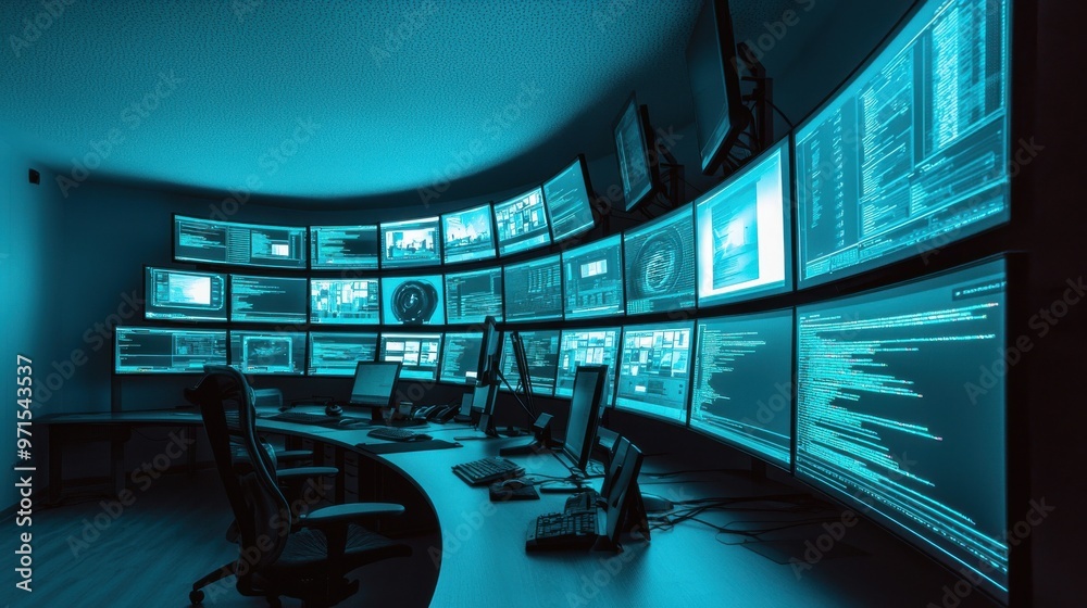 A workstation with multiple layers of transparent screens stacked in a ...