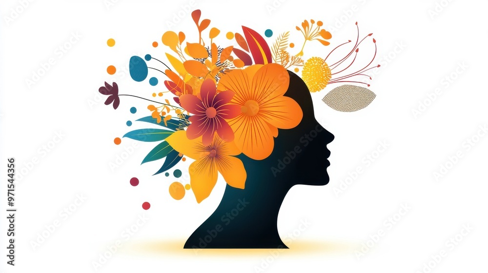 Abstract Blossoming Mind: A human head in silhouette with flowers ...