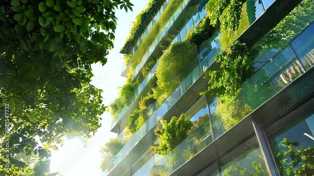 Modern minimalist eco friendly building with large windows, full of ...