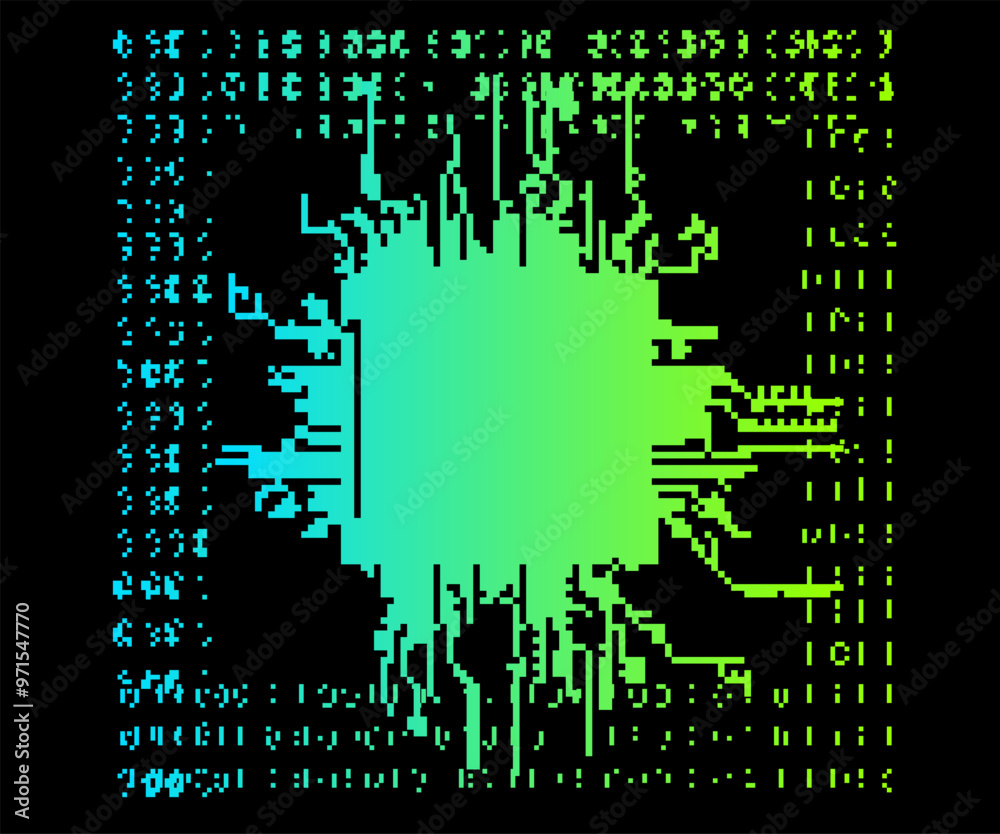 Pixelated illustration of a computer chip or circuit board, rendered in ...