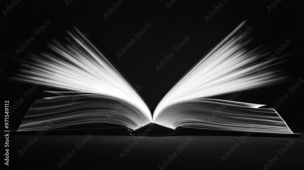 An open book with pages that transform into radiant beams of light, representing knowledge ...