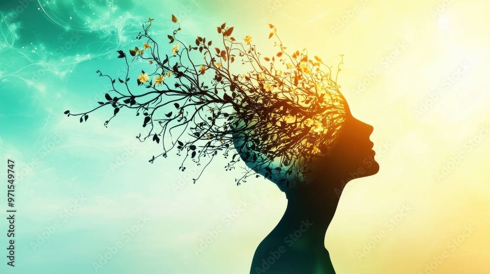 Blossoming Thoughts: A human silhouette with vines and flowers growing out of their head ...