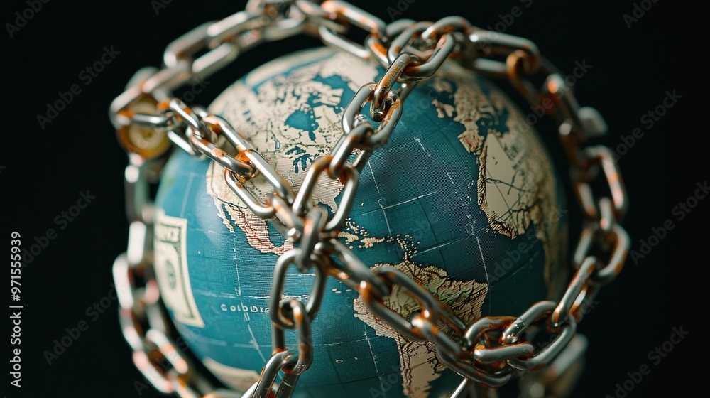 Debt Chains Across Borders: A globe encircled by large chains made of ...