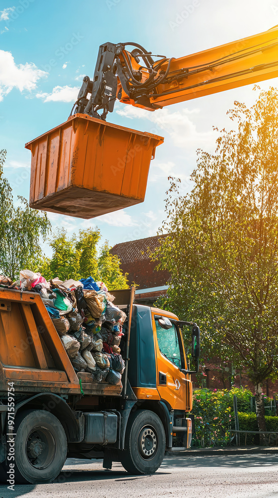 garbage truck is lifting full bin with its mechanical arm, showcasing ...