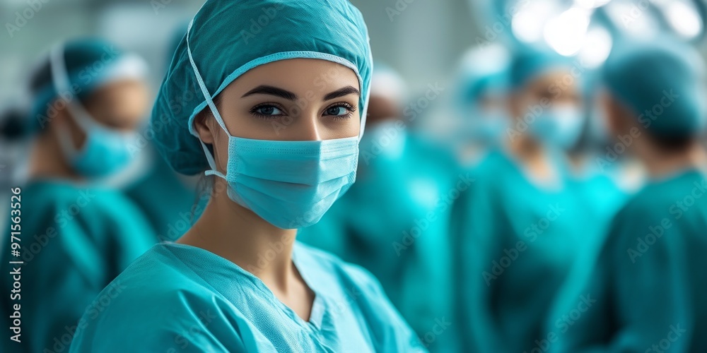 A focused female surgeon stands in a busy operating room. She wears ...