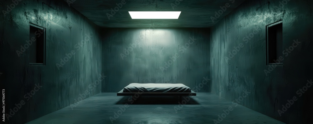 Overhead shot of a small prison cell, the bed made but empty ...