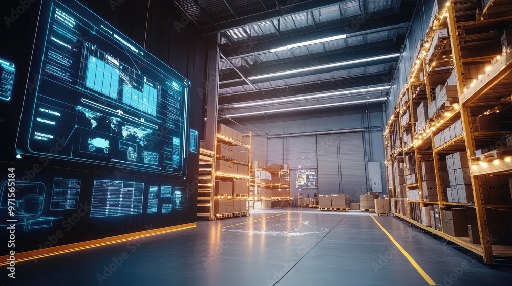 A modern warehouse with a large digital screen displaying data and ...