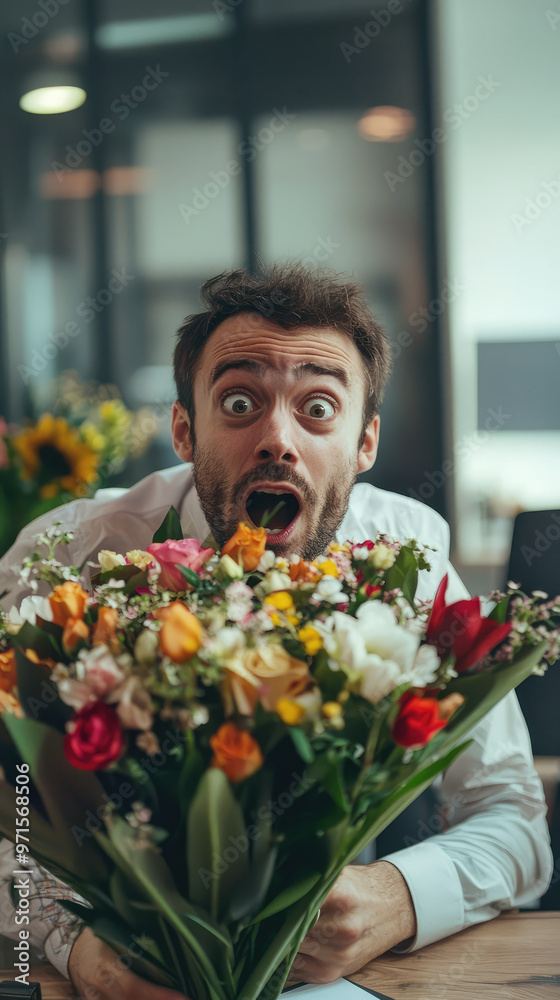 Man with shocked face receiving unexpected flowers, expressing joy and ...