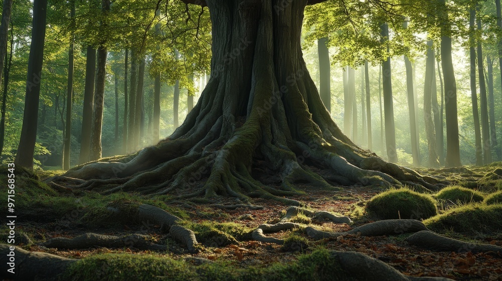 Ancient Tree Roots in a Sun-Dappled Forest, Low Angle, Roots, Moss ...