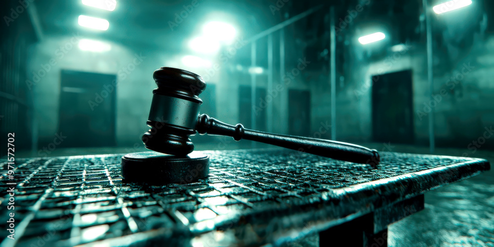 Gavel placed on a cold metal prison bench, symbolizing guilt and ...