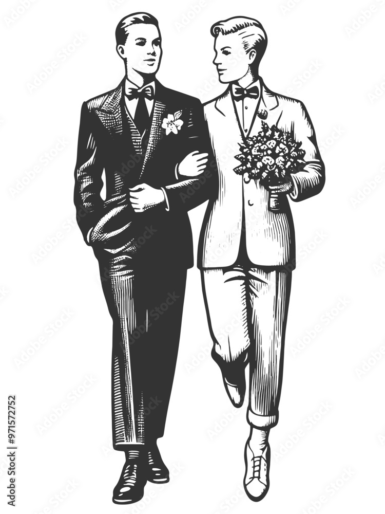 Gay wedding two grooms walking arm in arm sketch engraving generative ...