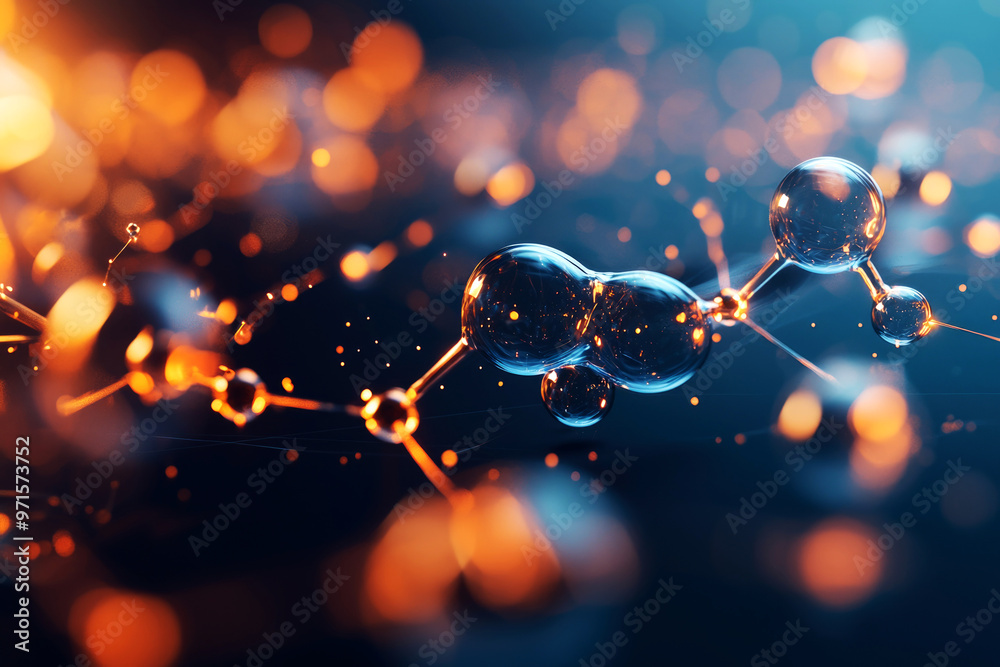 Polymerization reaction forming long chains of molecules, glowing bonds ...