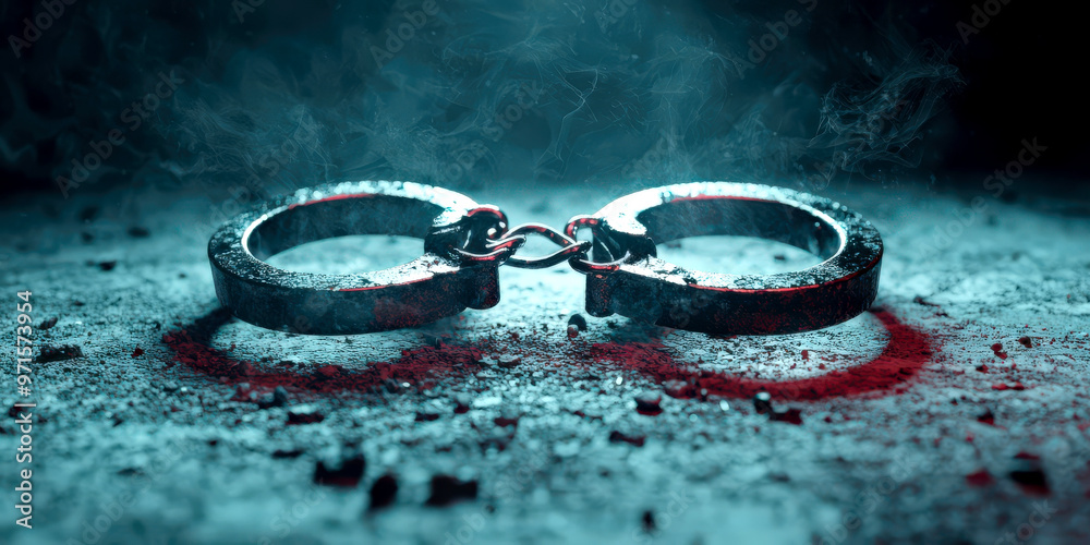 Broken prison handcuffs lying abandoned on a dusty prison floor ...