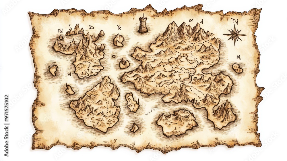 A vintage fantasy map showcasing an imaginary world with mountains ...