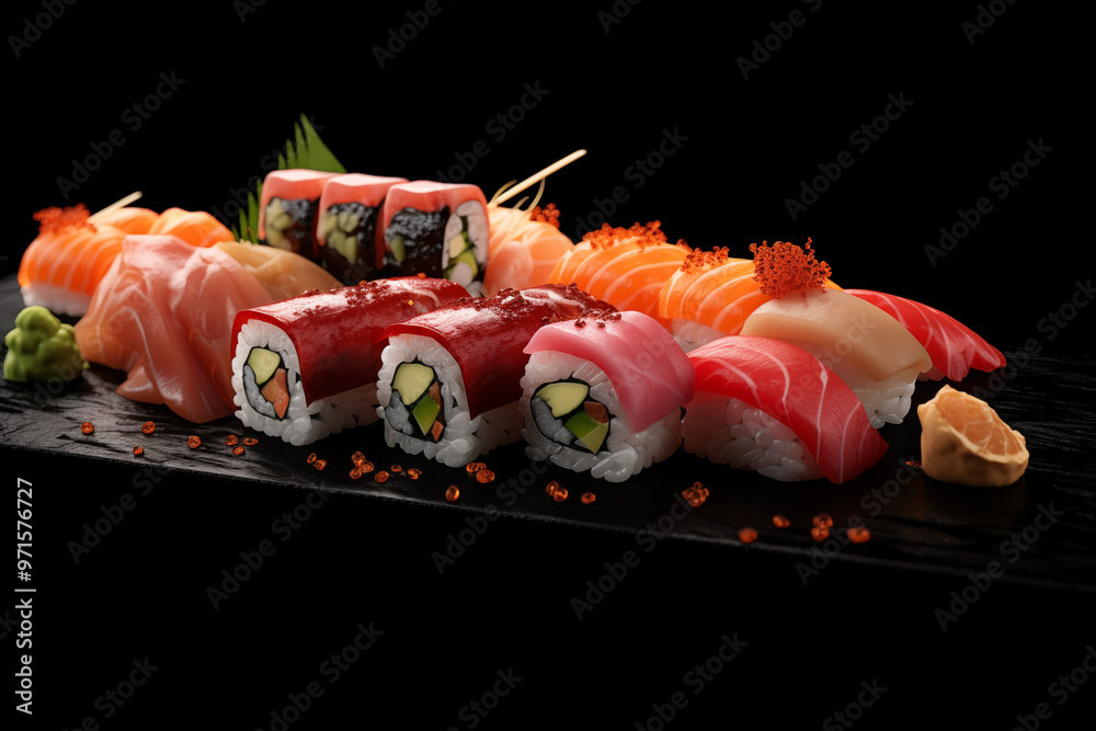 Sushi on black background. Sushi themes. Asian cuisine themes. Asian ...