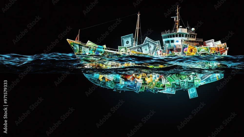 Sinking Business Ship: A large, abstract ship made from various symbols ...